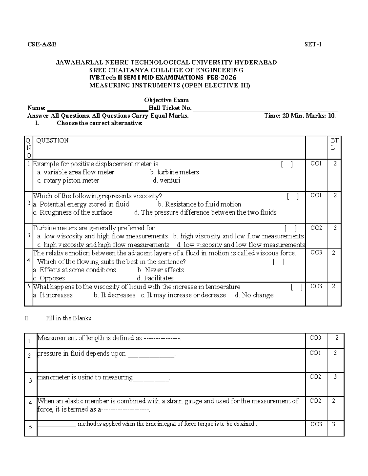 CSE MI IV B.Tech II SEM I MID Exam Objective Questions on Measuring ...