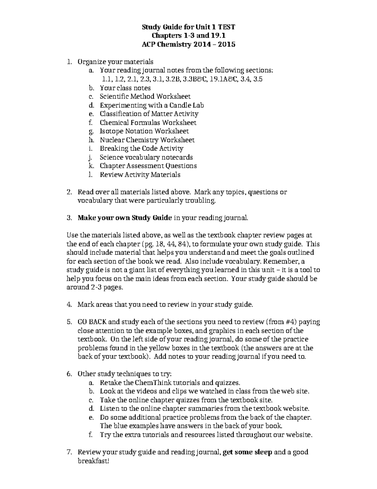 Unit 1 Study Guide for ACP Chemistry Test FY15-1 - Studocu