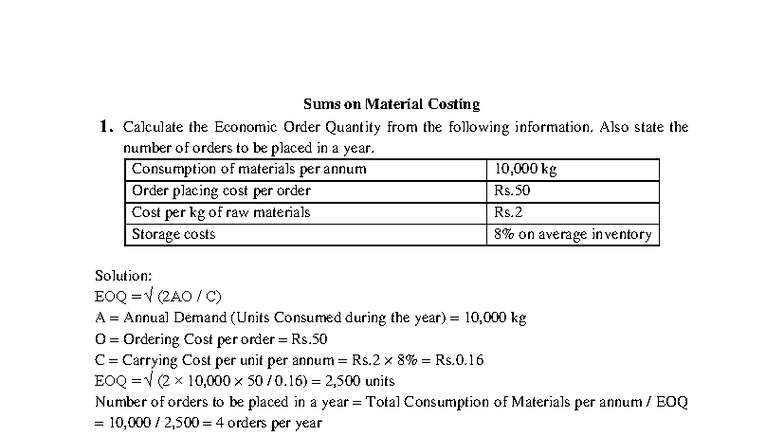 Sums on Material Costing: Economic Order Quantity Calculations - Studocu