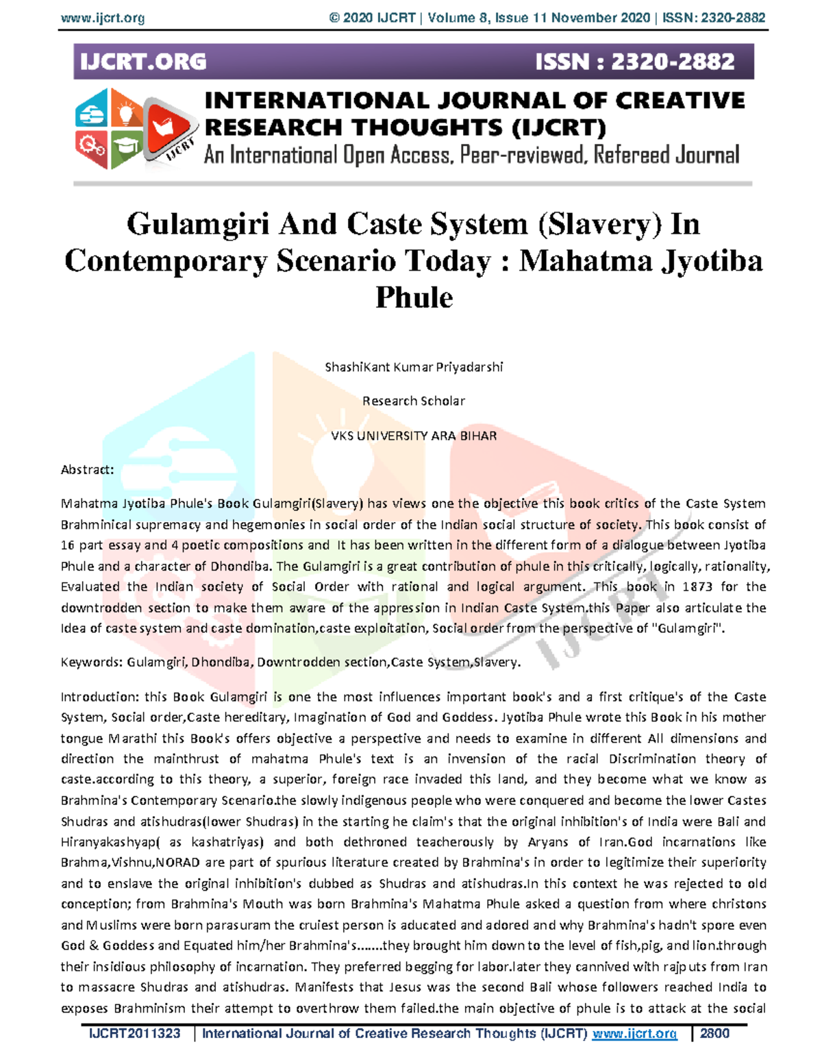 Analysis of Mahatma Jyotirao Phule's "Gulamgiri" on Caste System - Studocu