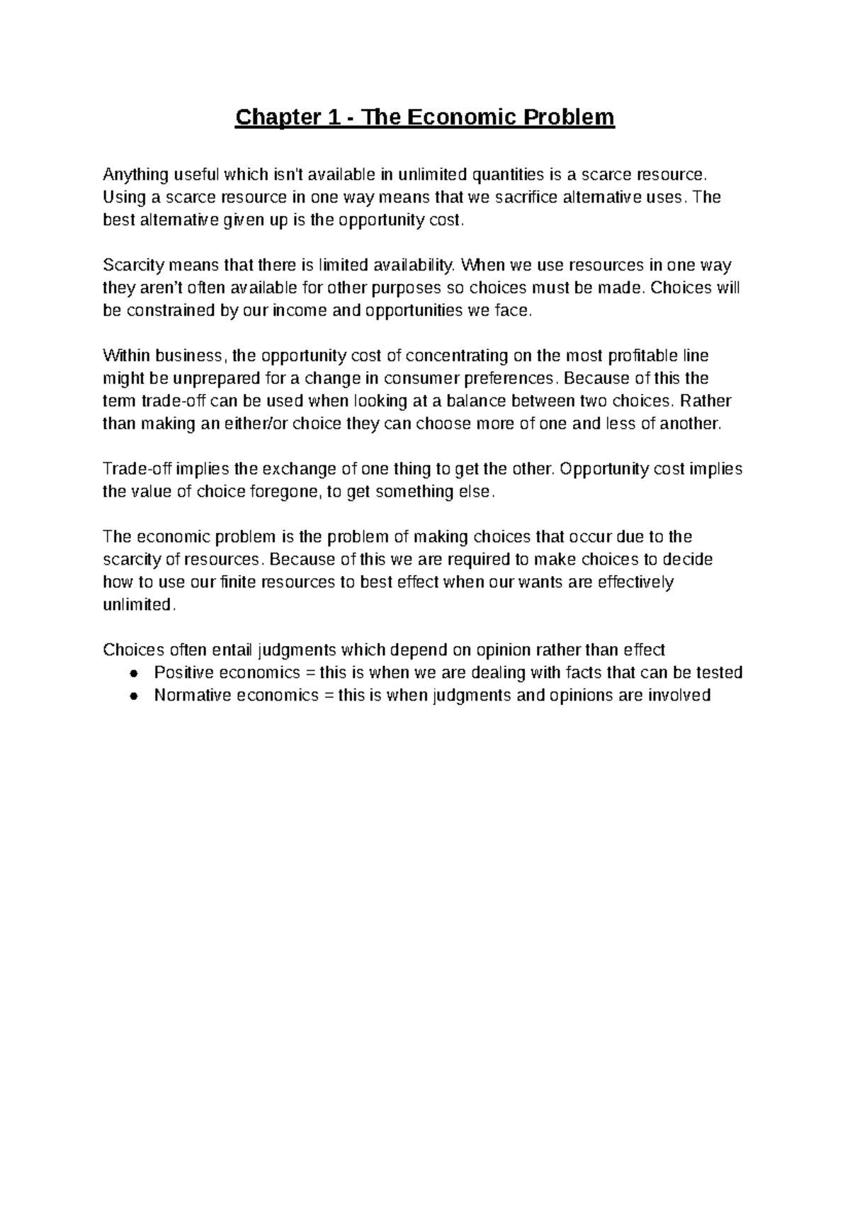 A Level Economics: Chapter Notes on Economic Concepts and Business ...