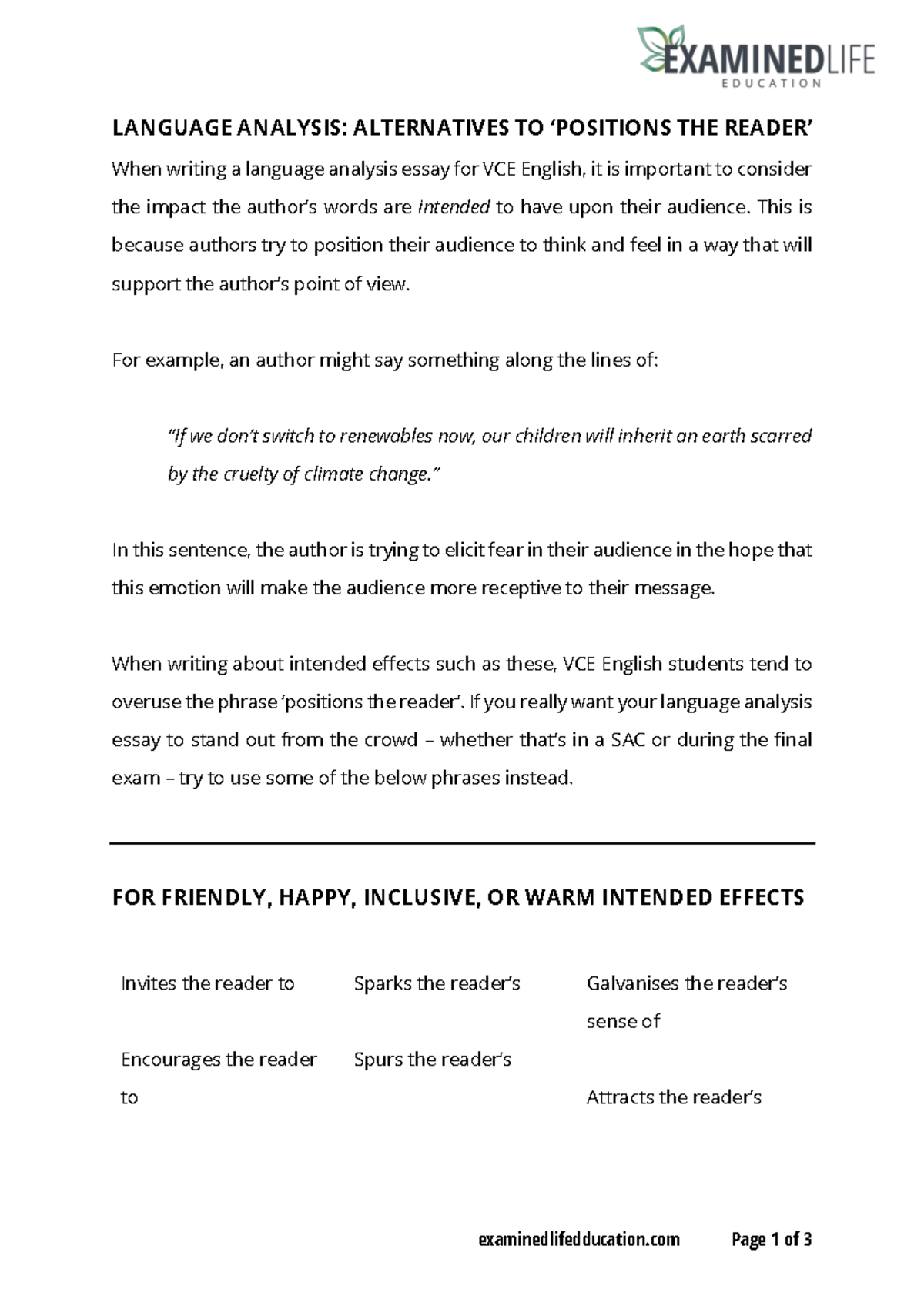 VCE English Language Analysis: Alternatives to 'Positions the Reader ...