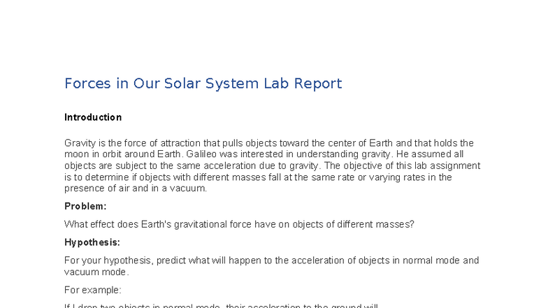 Forces in Our Solar System Lab Report: Gravity and Mass Effects - Studocu