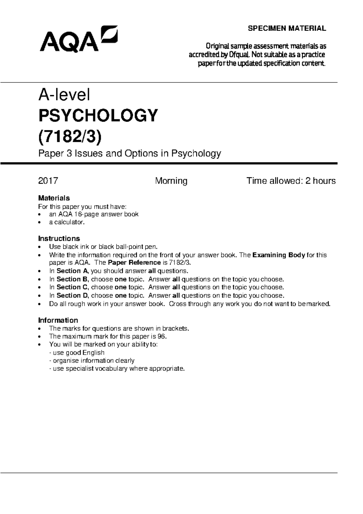 AQA-71823-SQP - Psychology Paper 3 Practice Exam Materials - Studocu