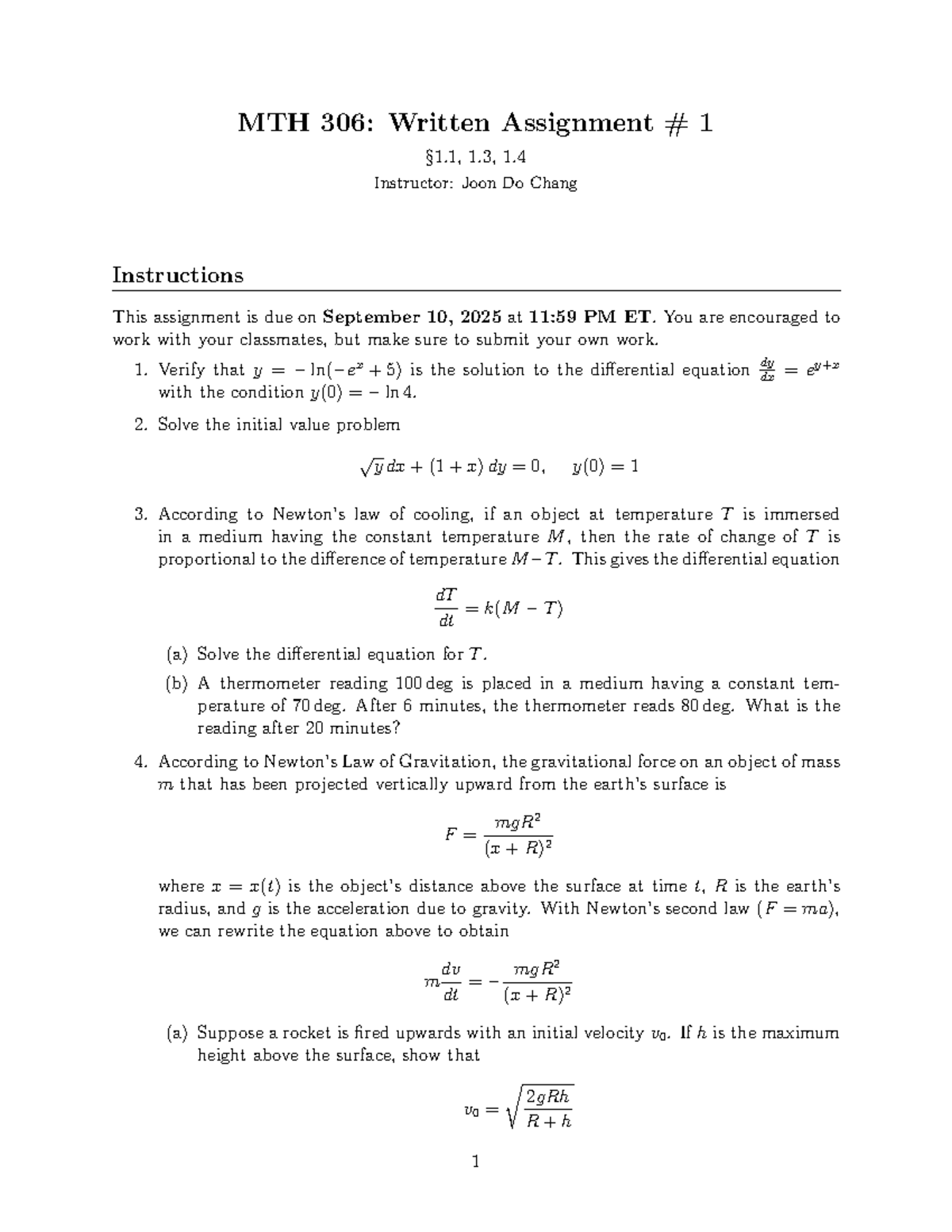 MTH 306: Written Assignment #1 on Diff. Equations & Solutions - Studocu
