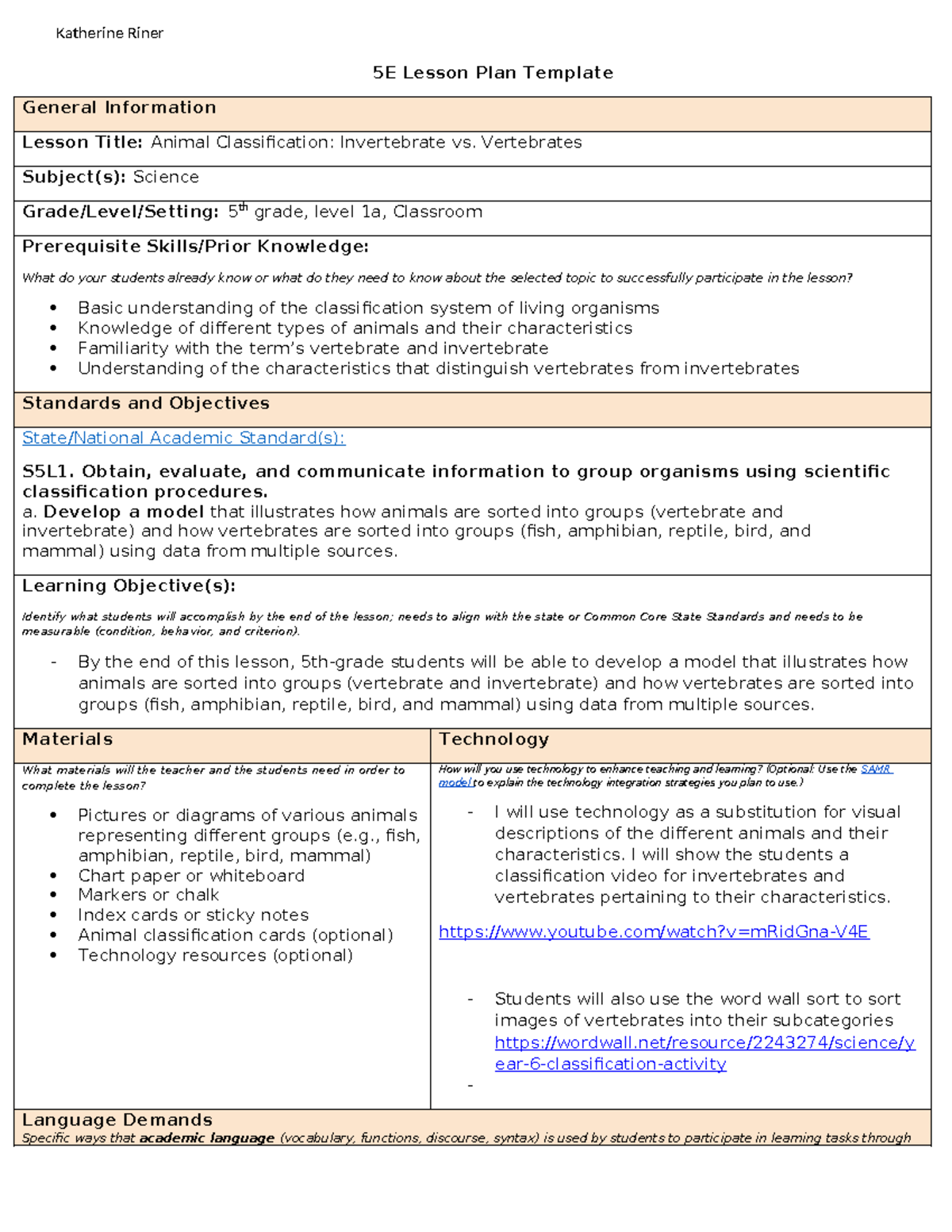 WGU 5E Lesson Plan: Animal Classification - Invertebrates vs ...