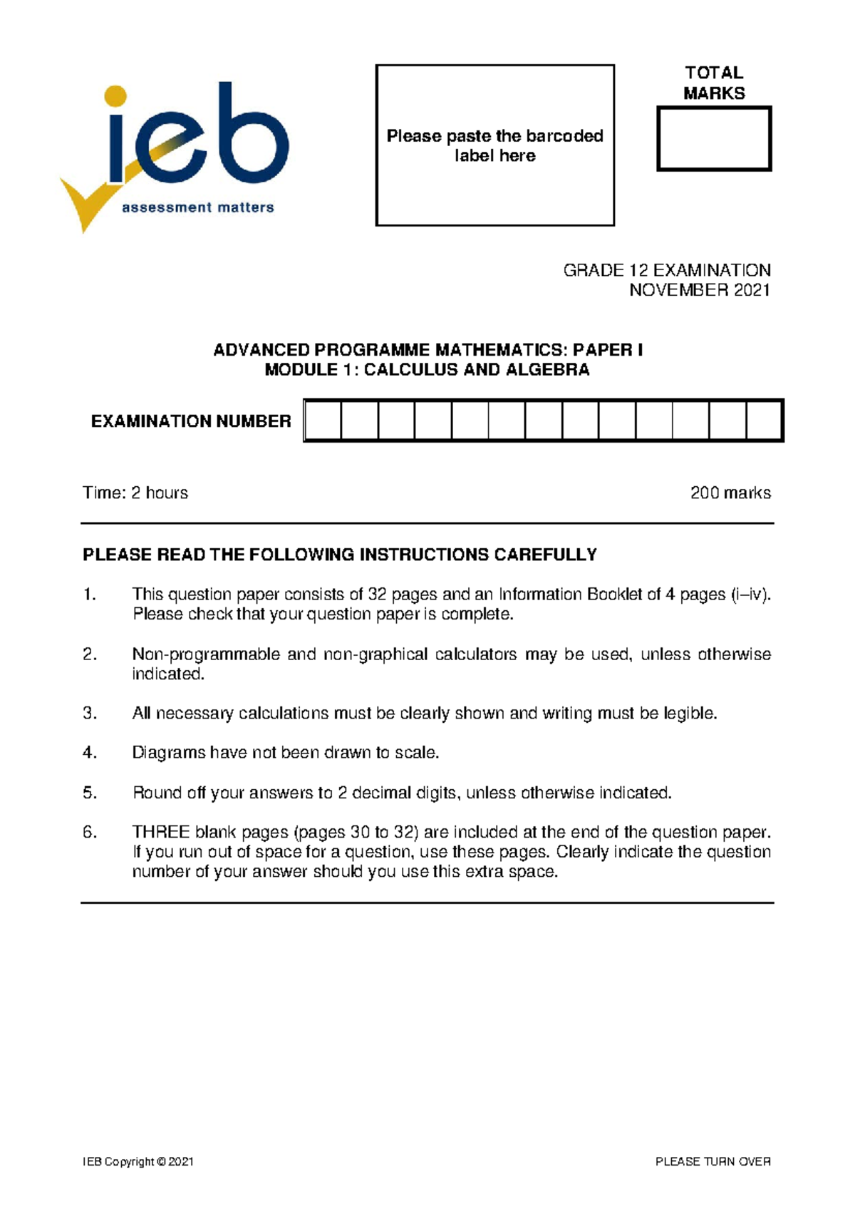 Advanced Programme Maths P1 Nov 2021 Exam Paper - IEB - Studocu