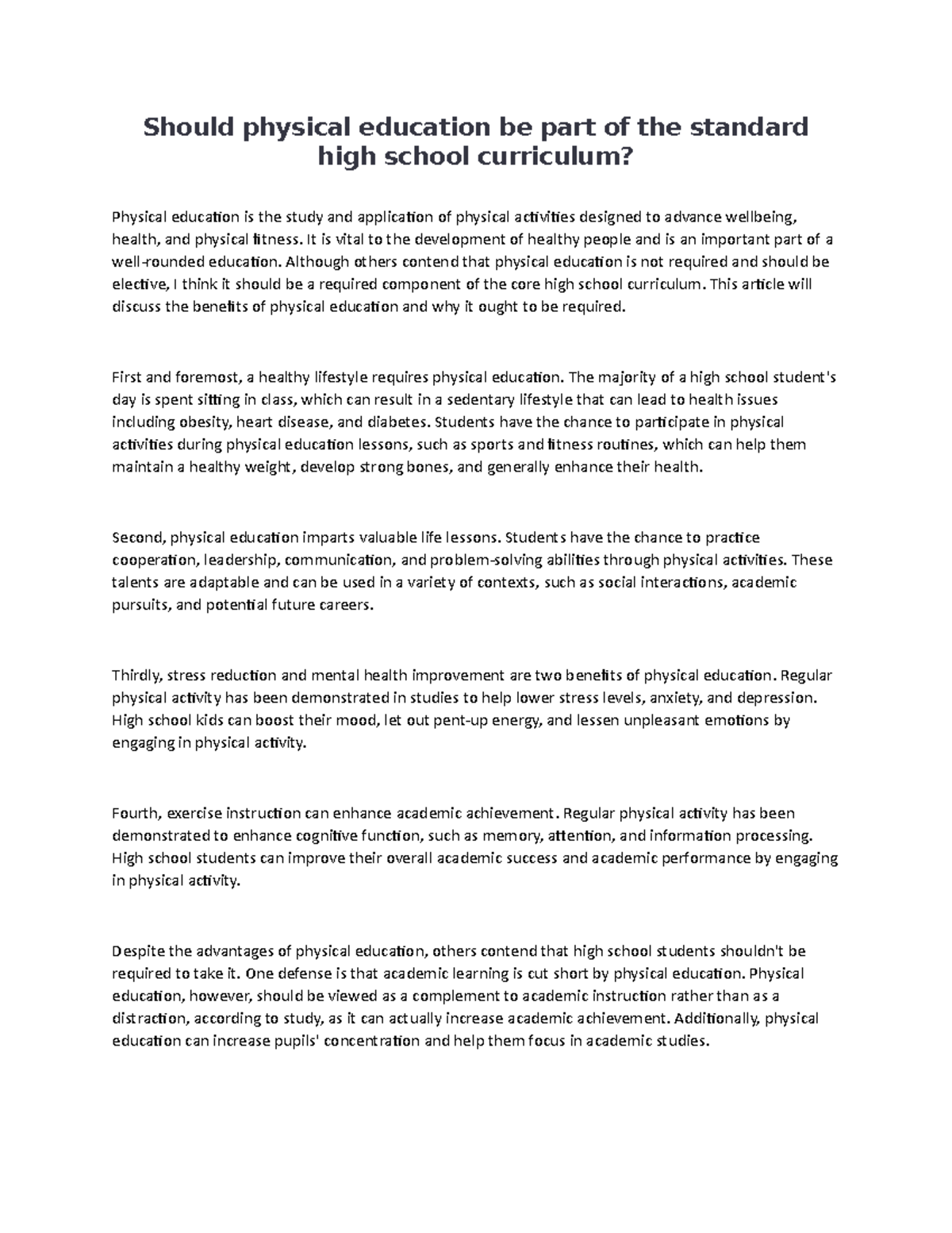 Should physical education be part of the standard high school ...