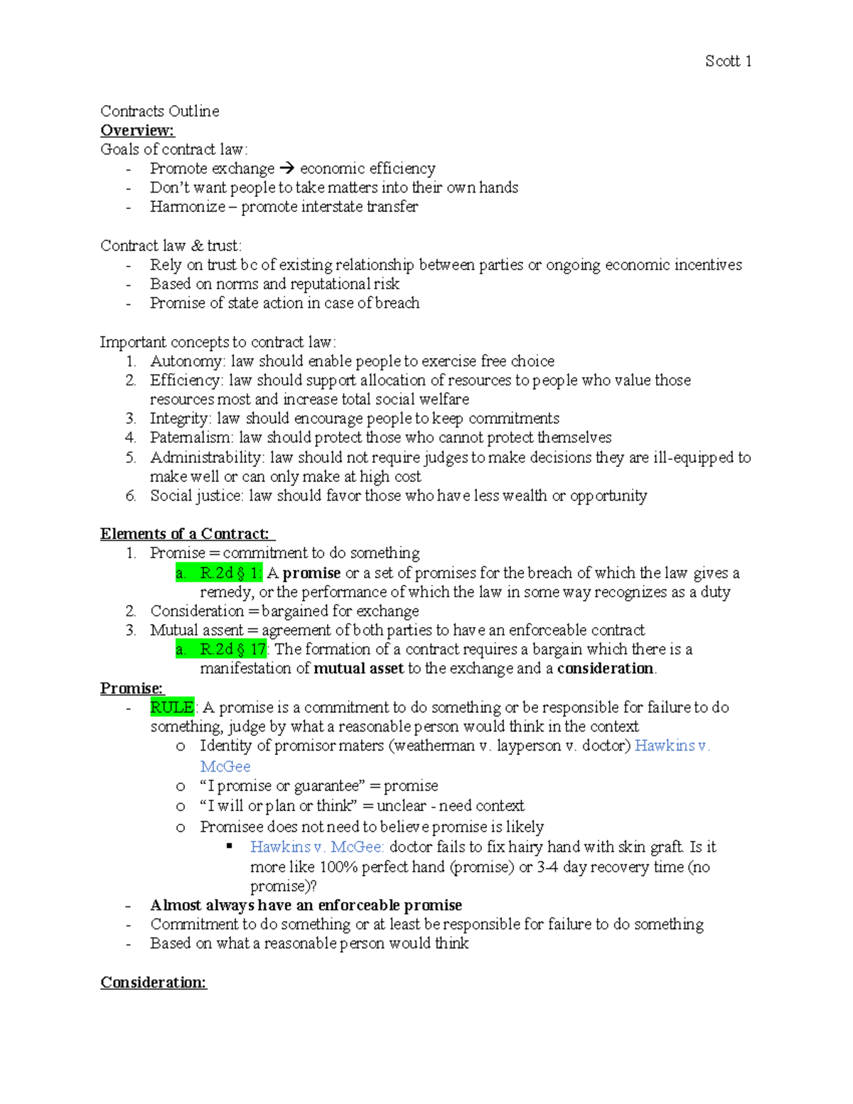 Contracts Outline: Key Concepts and Principles for Law Students - Studocu