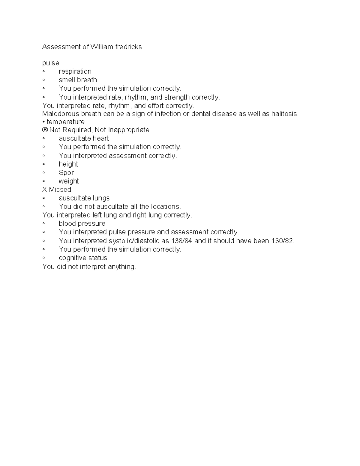 Ihuman Assessment: Evaluation of William Fredricks' Health Status - Studocu