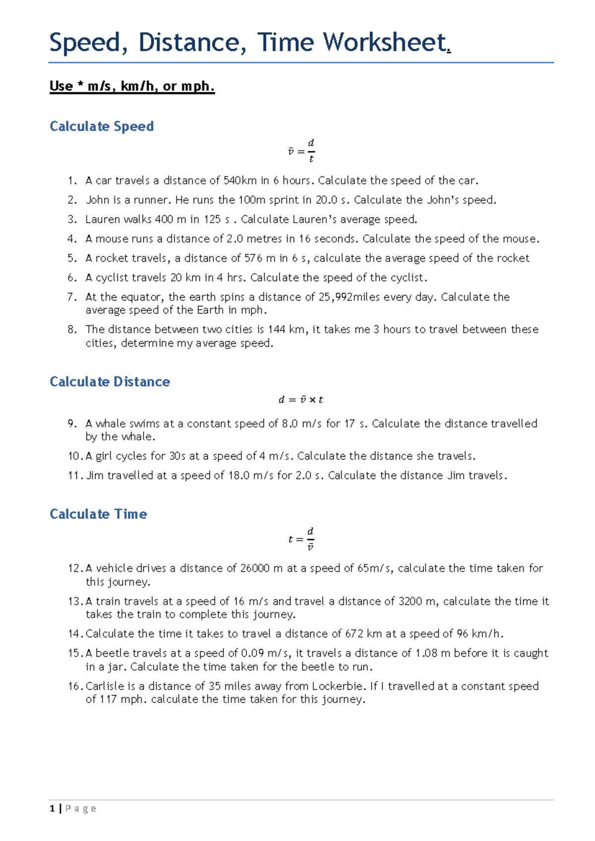 Speed, distance, time questions - Speed, Distance, Time Worksheet. Use ...