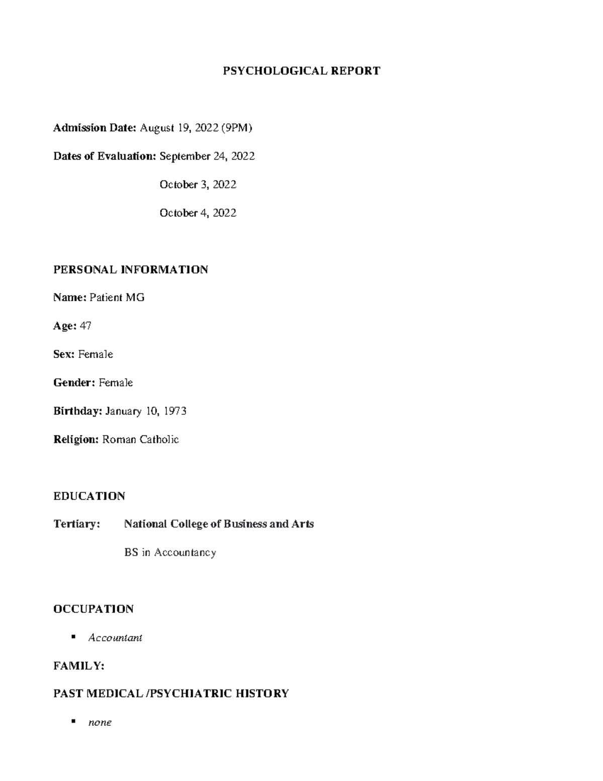 PR - Patient G - PSYCHOLOGICAL REPORT SAMPLE - PSYCHOLOGICAL REPORT ...