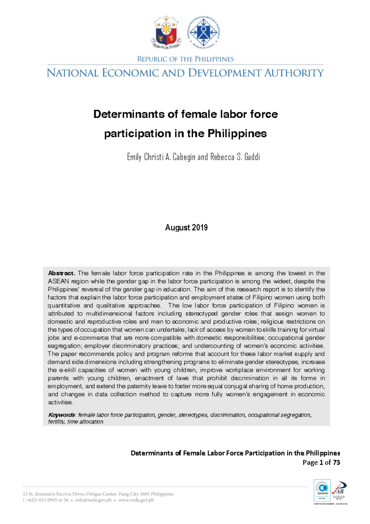 Determinants of Female Labor Force Participation in the Philippines ...