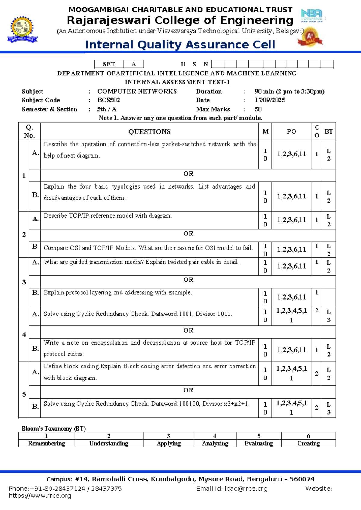 BCS502 Internal Assessment 1 Question Paper - Computer Networks - Studocu