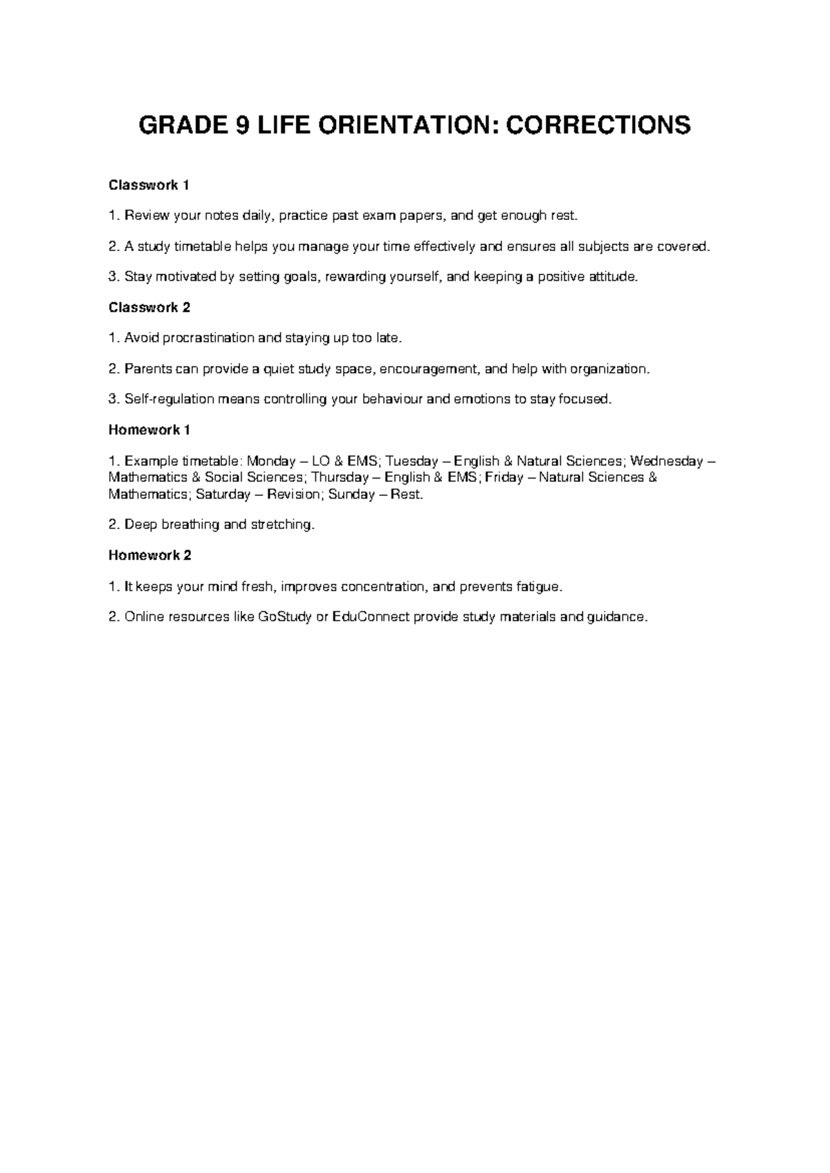Grade 9 LO Corrections: Study Tips & Classwork Insights - Studocu