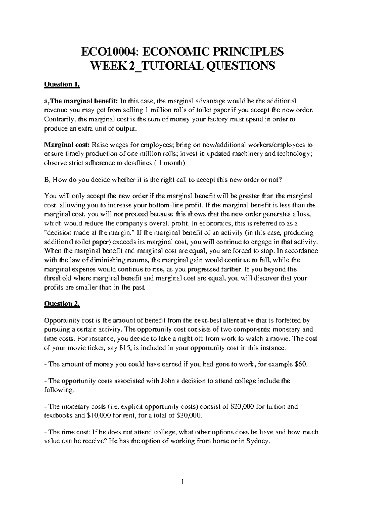 Nguyen Thanh Hoa Week 2 Tutorial Questions - 1 ECO10004: ECONOMIC ...