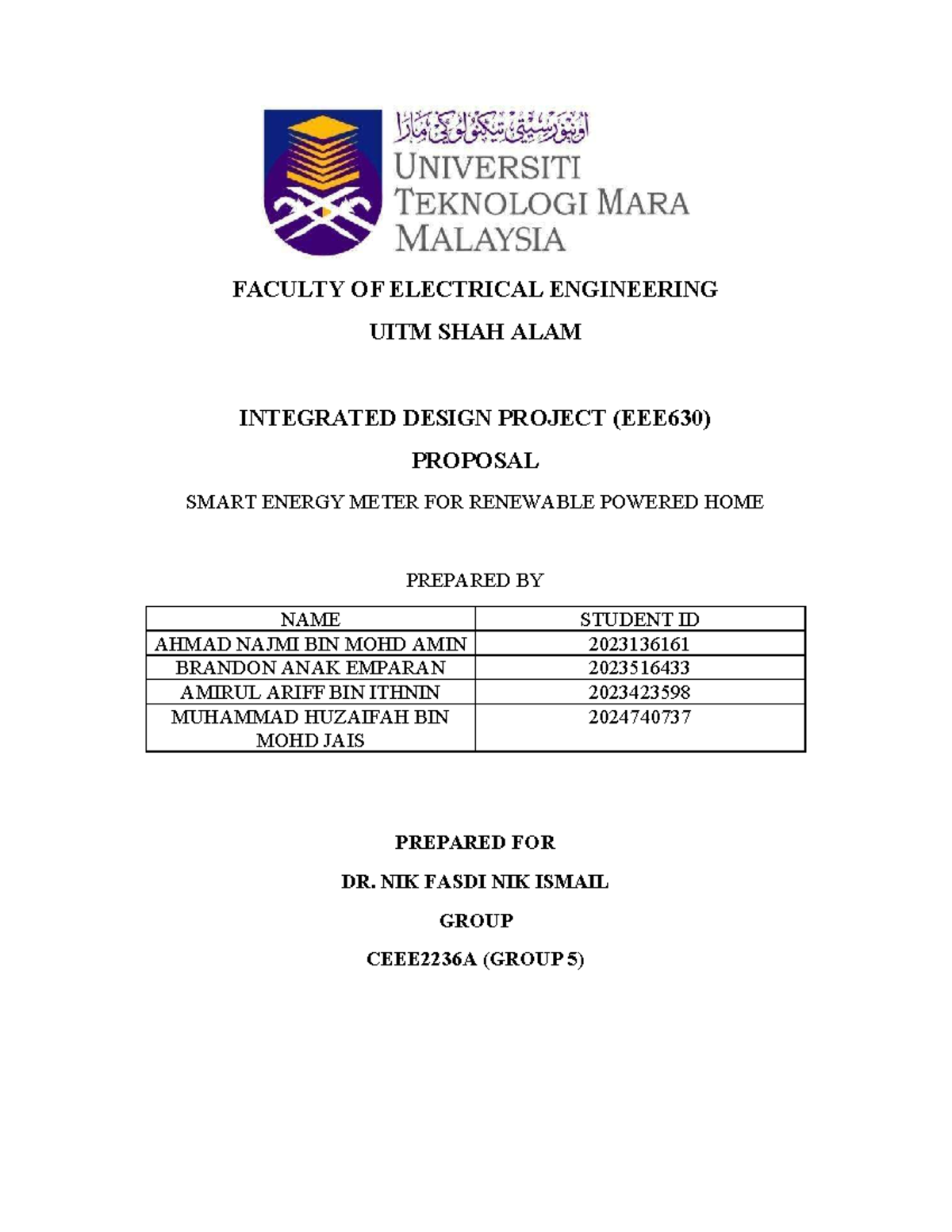 UITM EE Integrated Design Project Proposal: Smart Energy Meter - Studocu