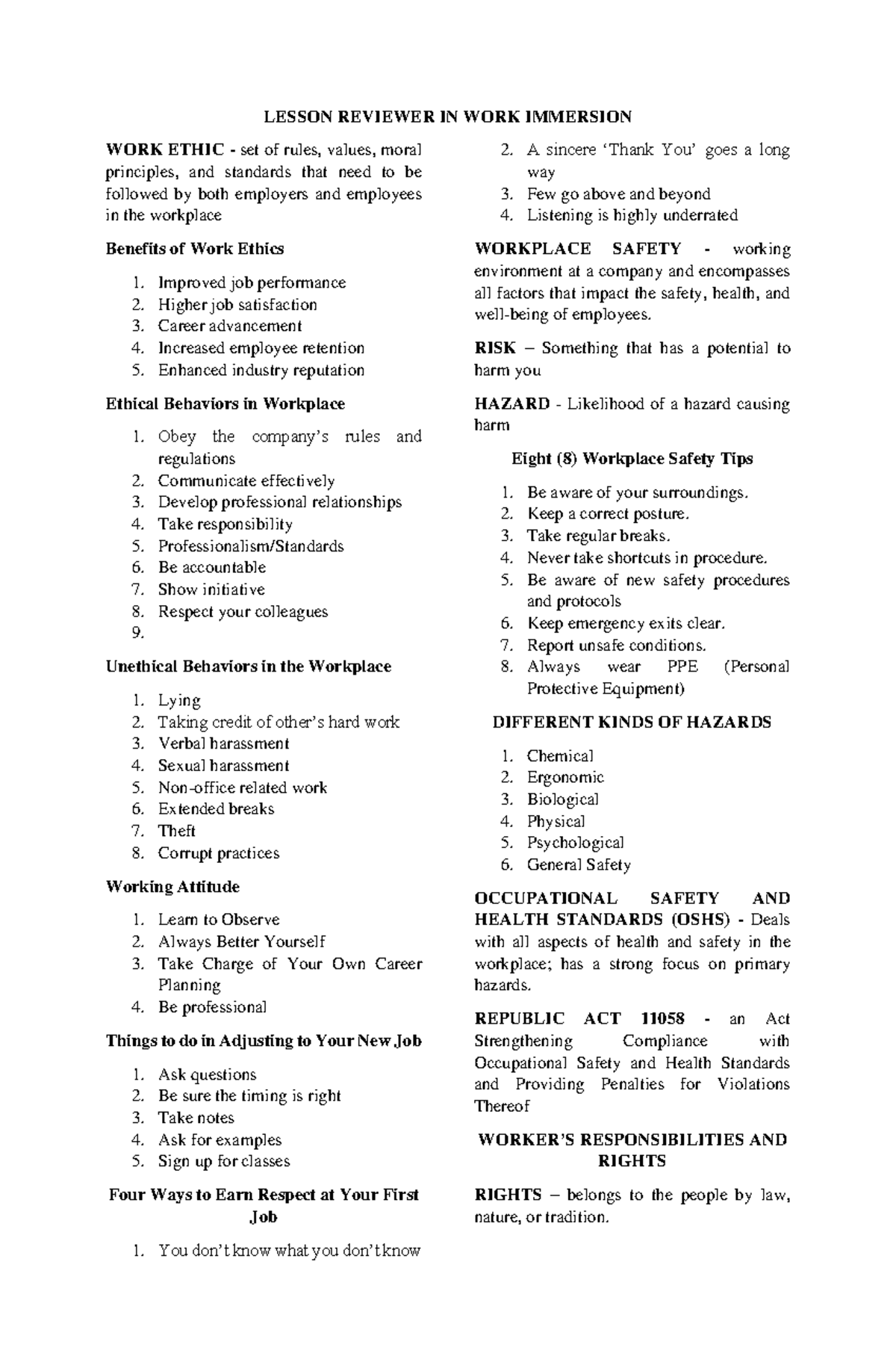 Work Immersion 12: Key Concepts and Lessons on Workplace Ethics - Studocu