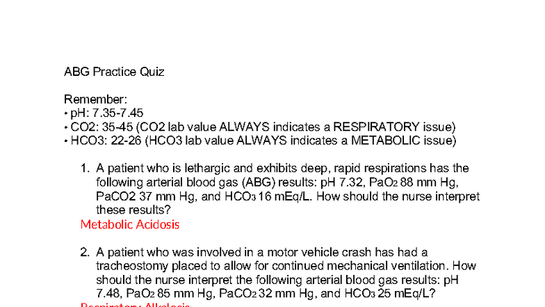 ABG Practice Quiz: Interpreting Acid-Base Imbalances - Studocu