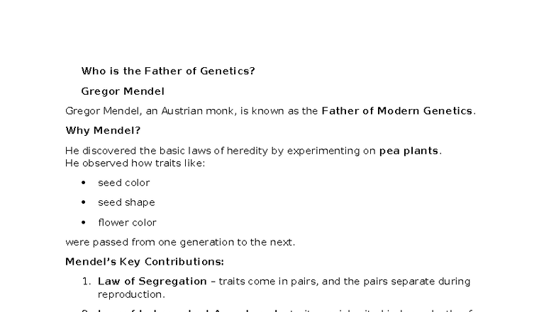 Gregor Mendel: The Father of Genetics and His Key Contributions - Studocu