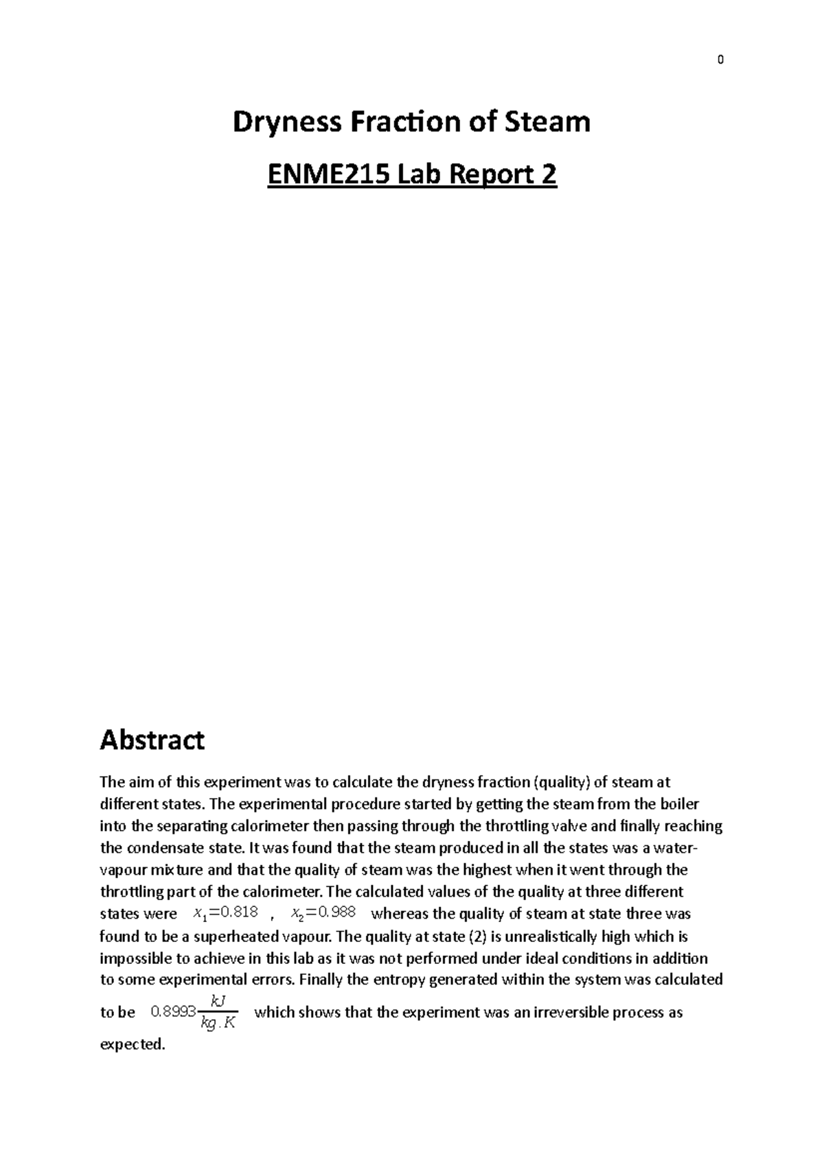 ENME215 Lab Report 2 - Analyzing the Dryness Fraction of Steam - Studocu