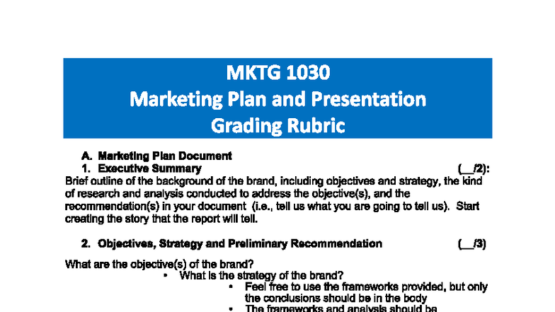 MKTG 1030 Marketing Plan & Presentation Grading Rubric Guide - Studocu