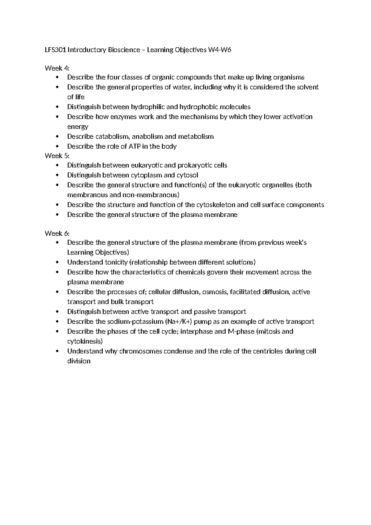 LFS301 Introductory Bioscience Learning Objectives Weeks 4-6 - Studocu