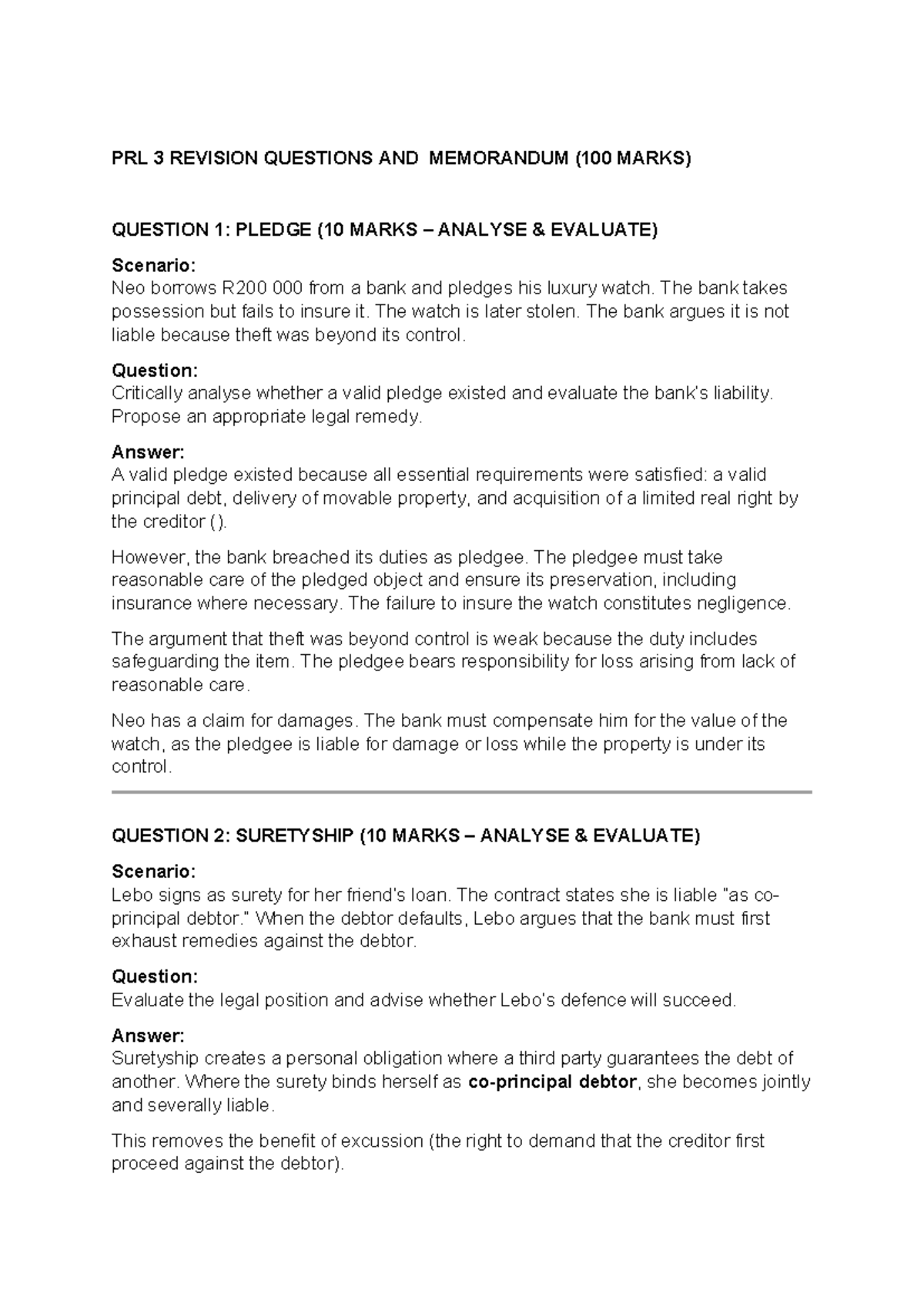 PRL 3 JUNE Revision Questions & Memo: Legal Analysis (100 Marks) - Studocu