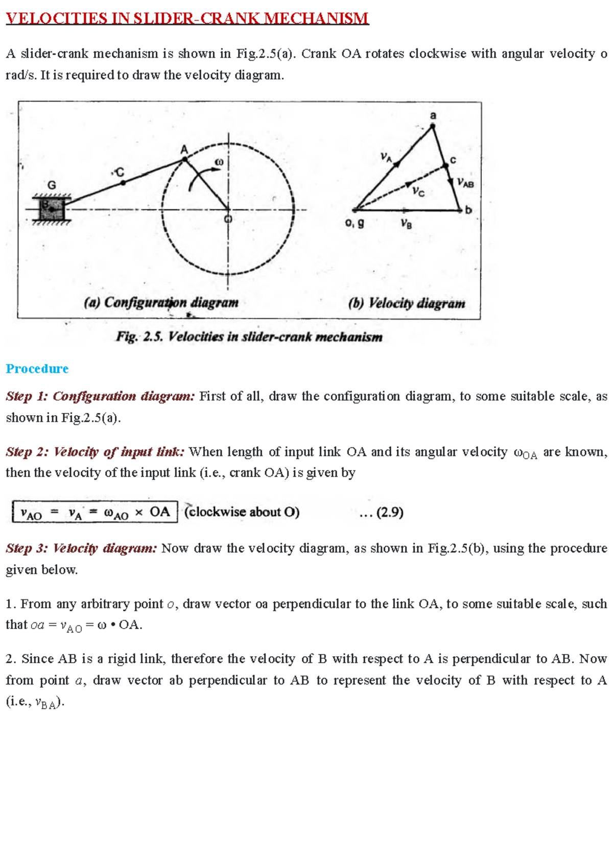 Kinematics of Mechanisms: Velocities in Slider-Crank Mechanism - Studocu