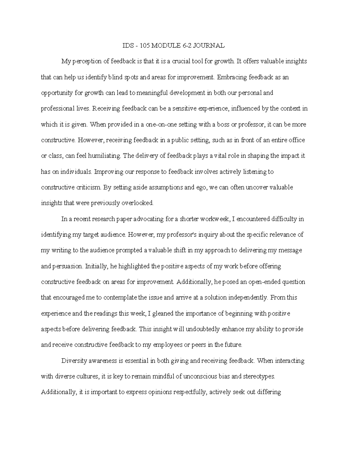 IDS - 105 Module 6-2 Journal: Embracing Feedback for Growth - Studocu