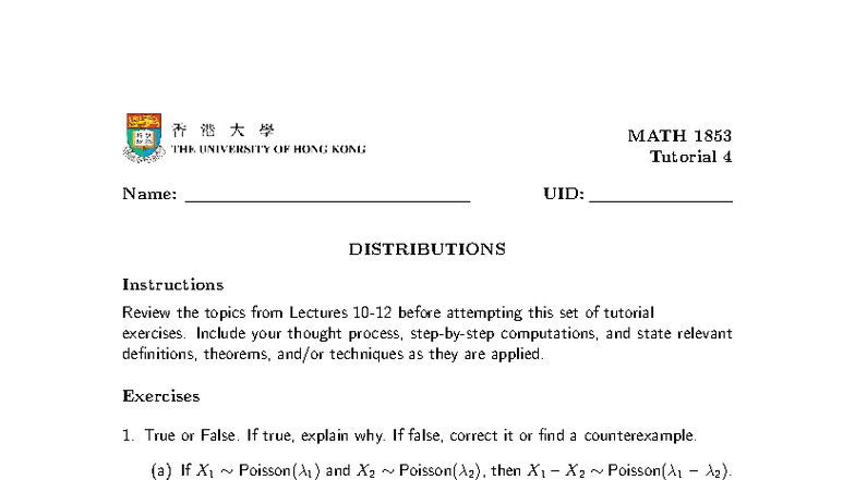 MATH 1853 T4 Distributions - Tutorial Questions and Exercises - Studocu