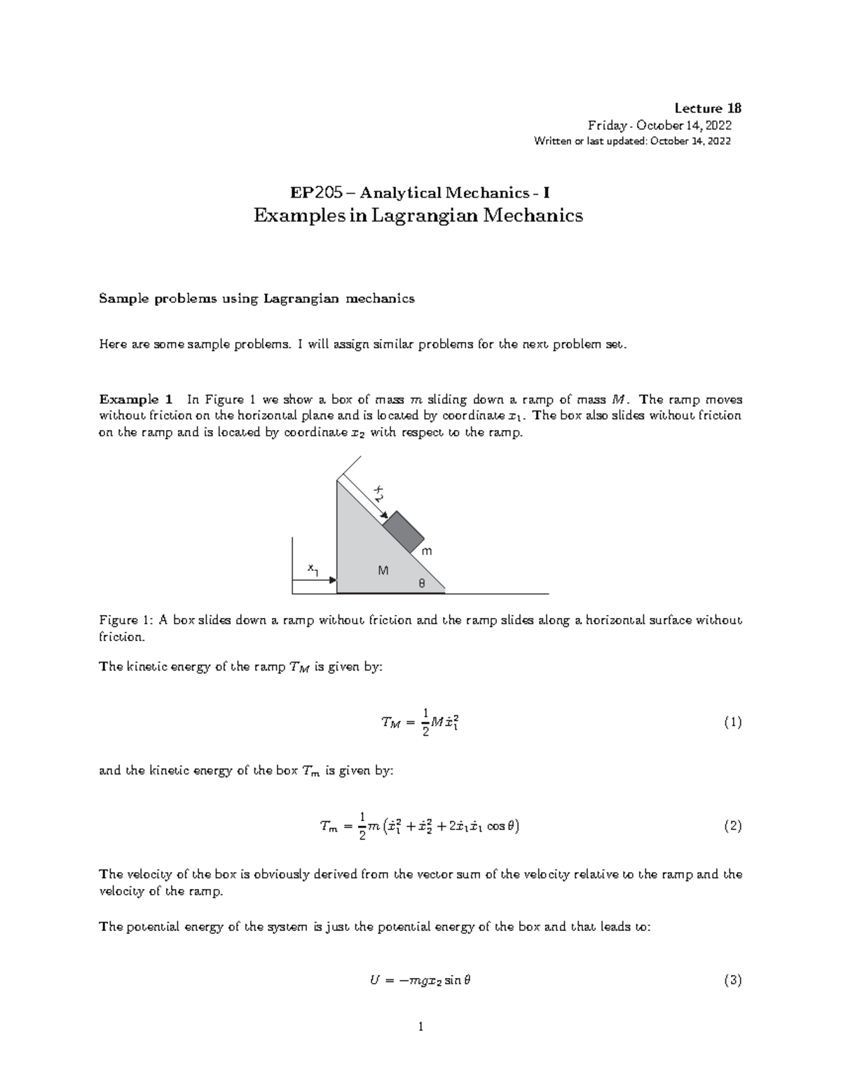 Sample problems in Lagrangian Mechanics - Lecture 18 Sample problems ...