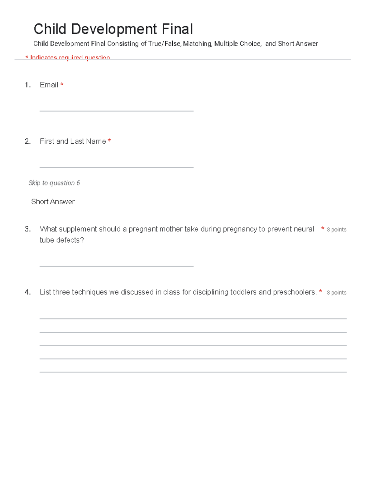 Child Development Final Exam Review (CD 101) - Google Forms - 1. Email ...