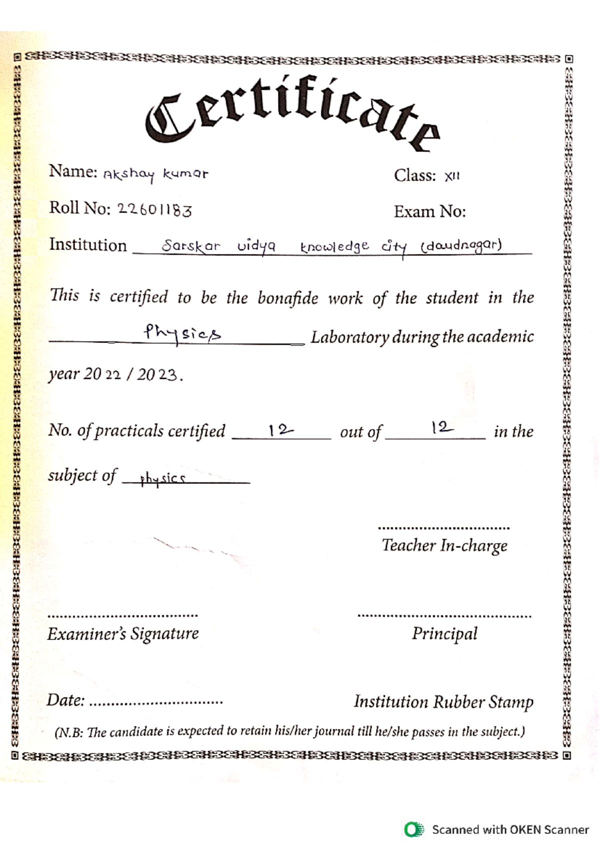 Physics practical class XII - Certificate Name: Akshay kumar Class: XII ...