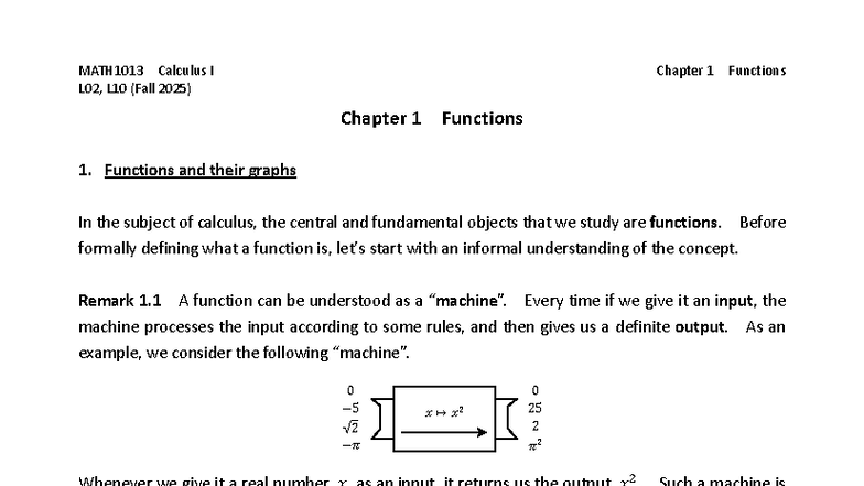 MATH1013 Calculus I L02, L10 (Fall 2025) Chapter 1: Functions Overview ...