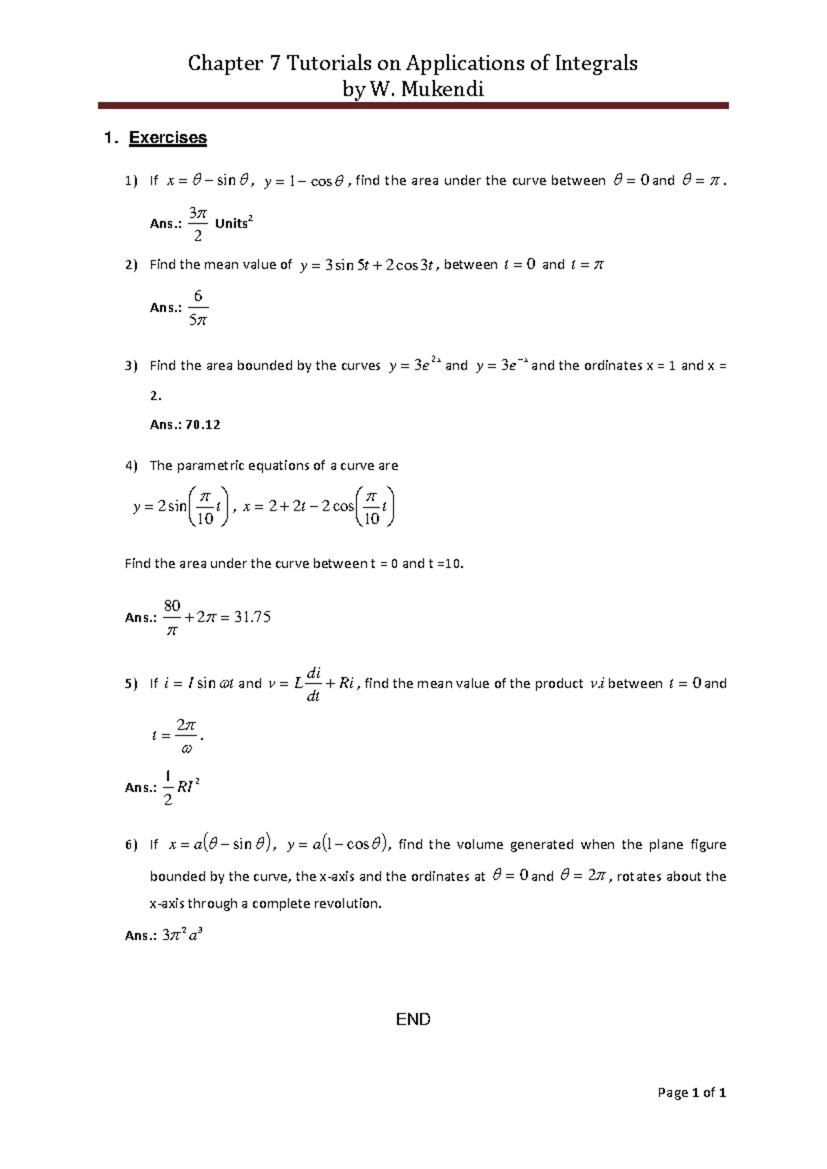 Chapter 7: Tutorials on Applications of Integrals and Exercises - Studocu