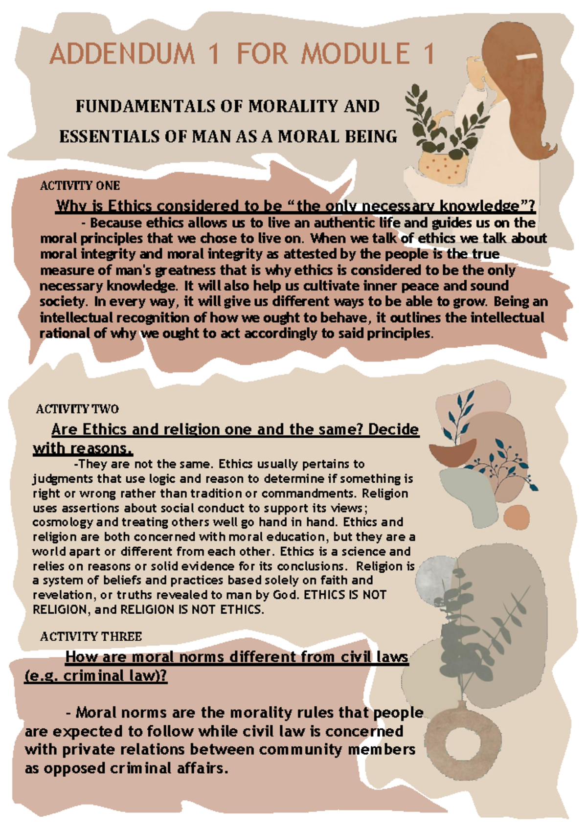 Addendum 1 Module 1 - ADDENDUM 1 FOR MODULE 1 FUNDAMENTALS OF MORALITY ...