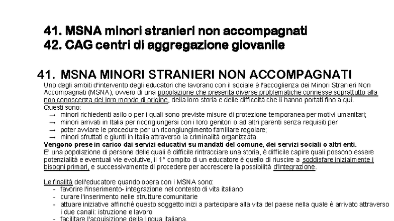 41. MSNA e CAG: Interventi Educativi per Minori Stranieri - Studocu