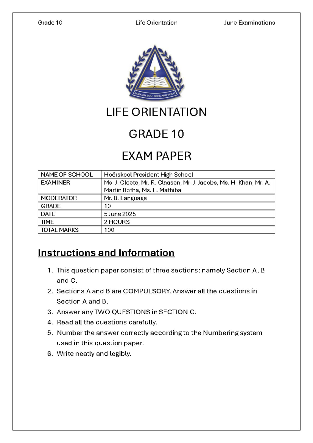 Grade 10 Life Orientation June Exam Paper 2025: Comprehensive Review ...
