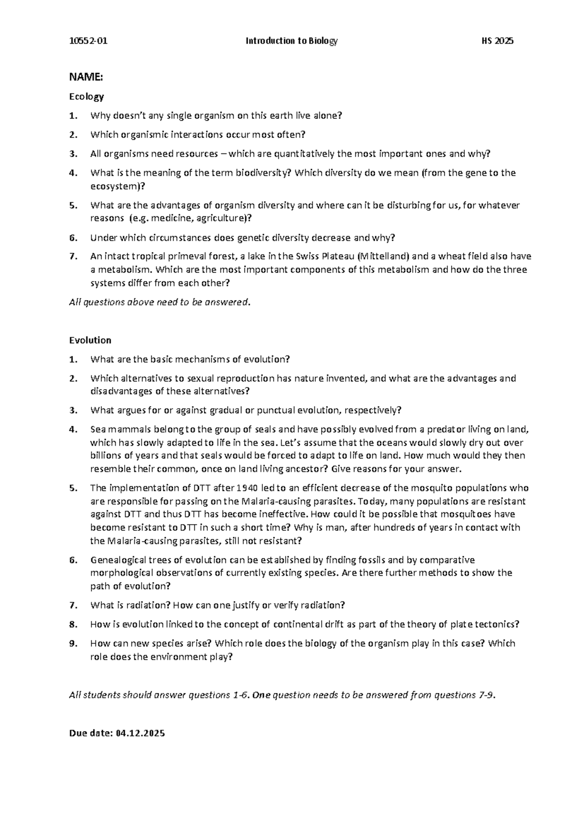 Ecology & Evolution Question Set HS 2025: Key Concepts & Issues - Studocu