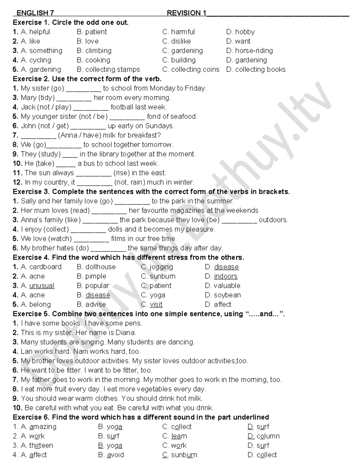 Revision 1 ( E7) - Exercise - ENGLISH 7 REVISION 1 ...