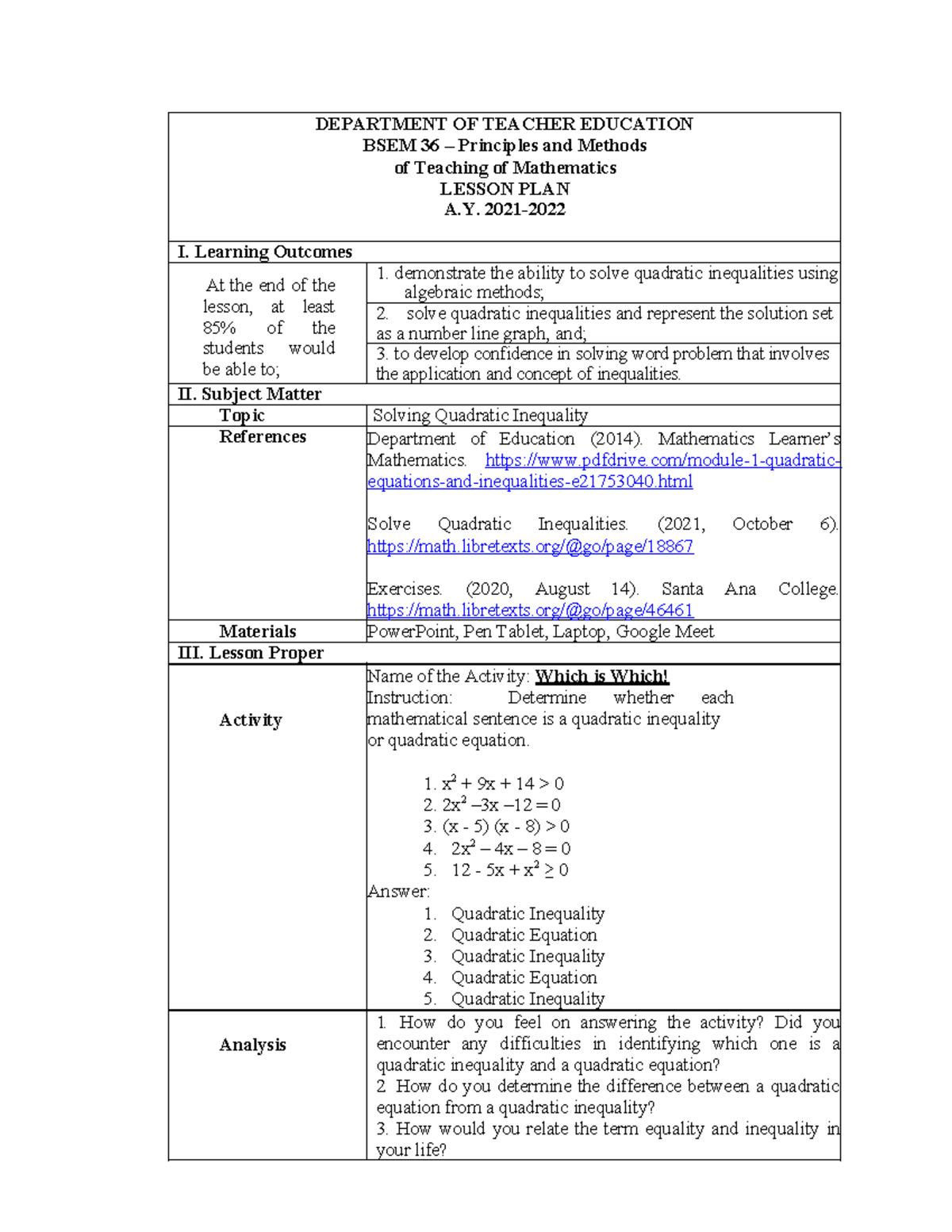BSEM 36 - Final Lesson Plan: Mastering Quadratic Inequalities - Studocu