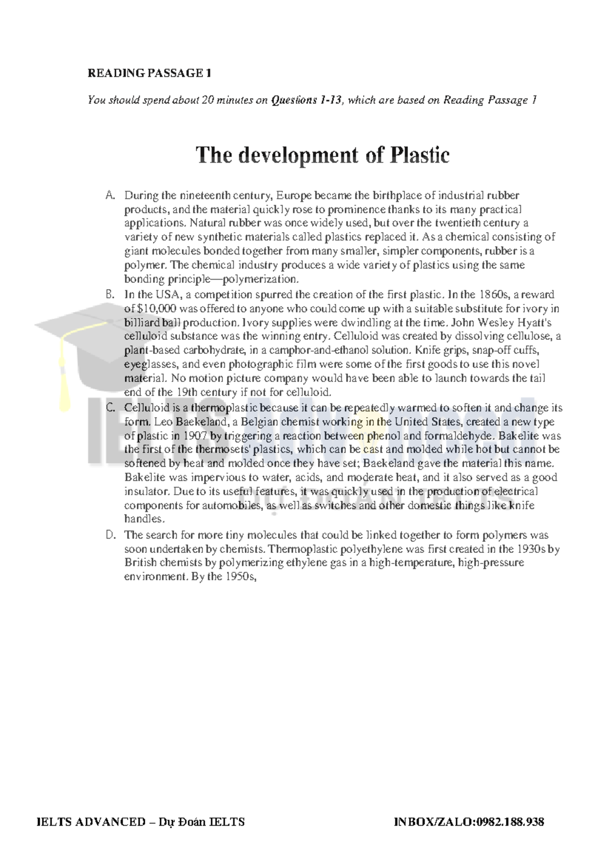 IELTS ADVANCED Reading Passage 1: The Evolution of Plastics - Studocu