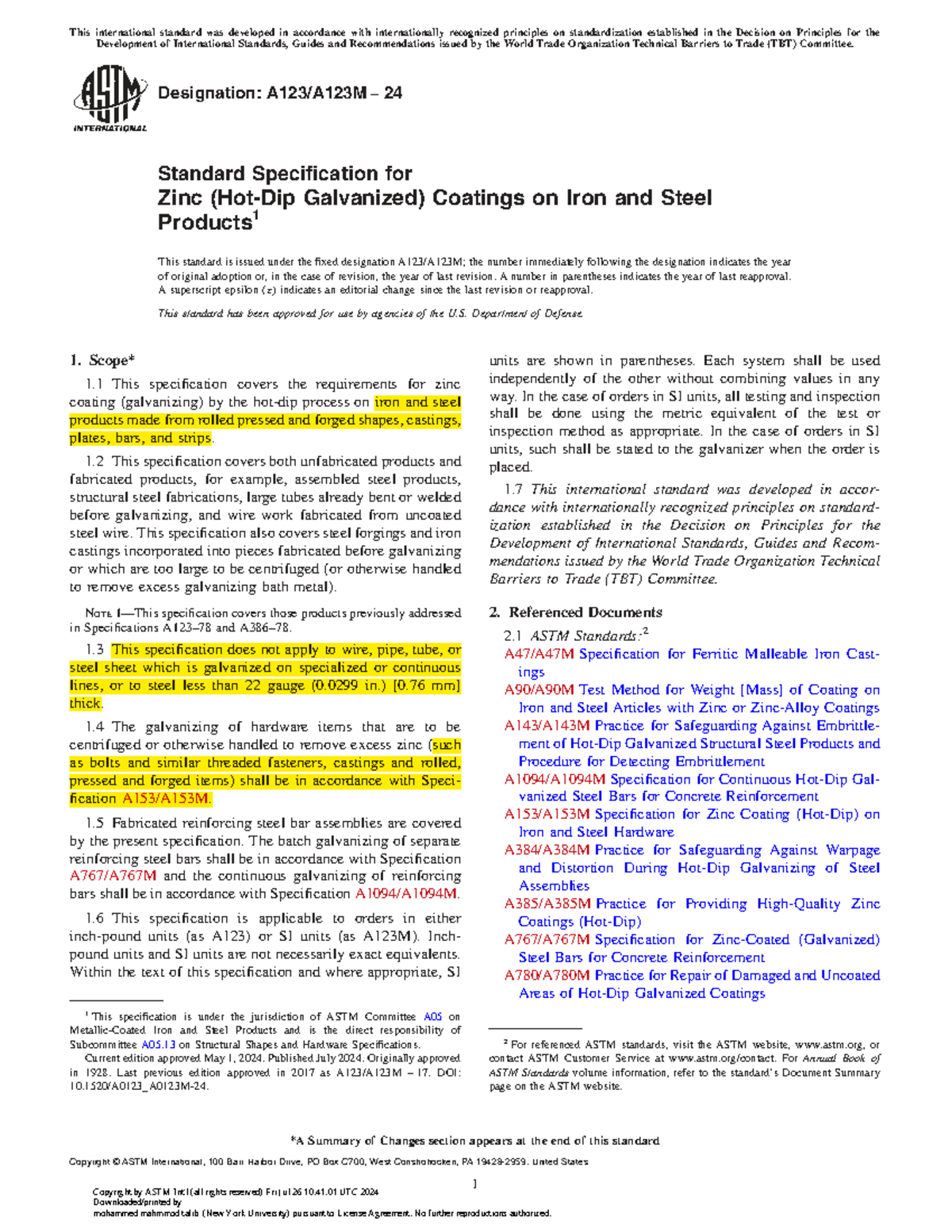 ASTM A123-2024 - Standard Specification for Zinc Coatings on Steel ...