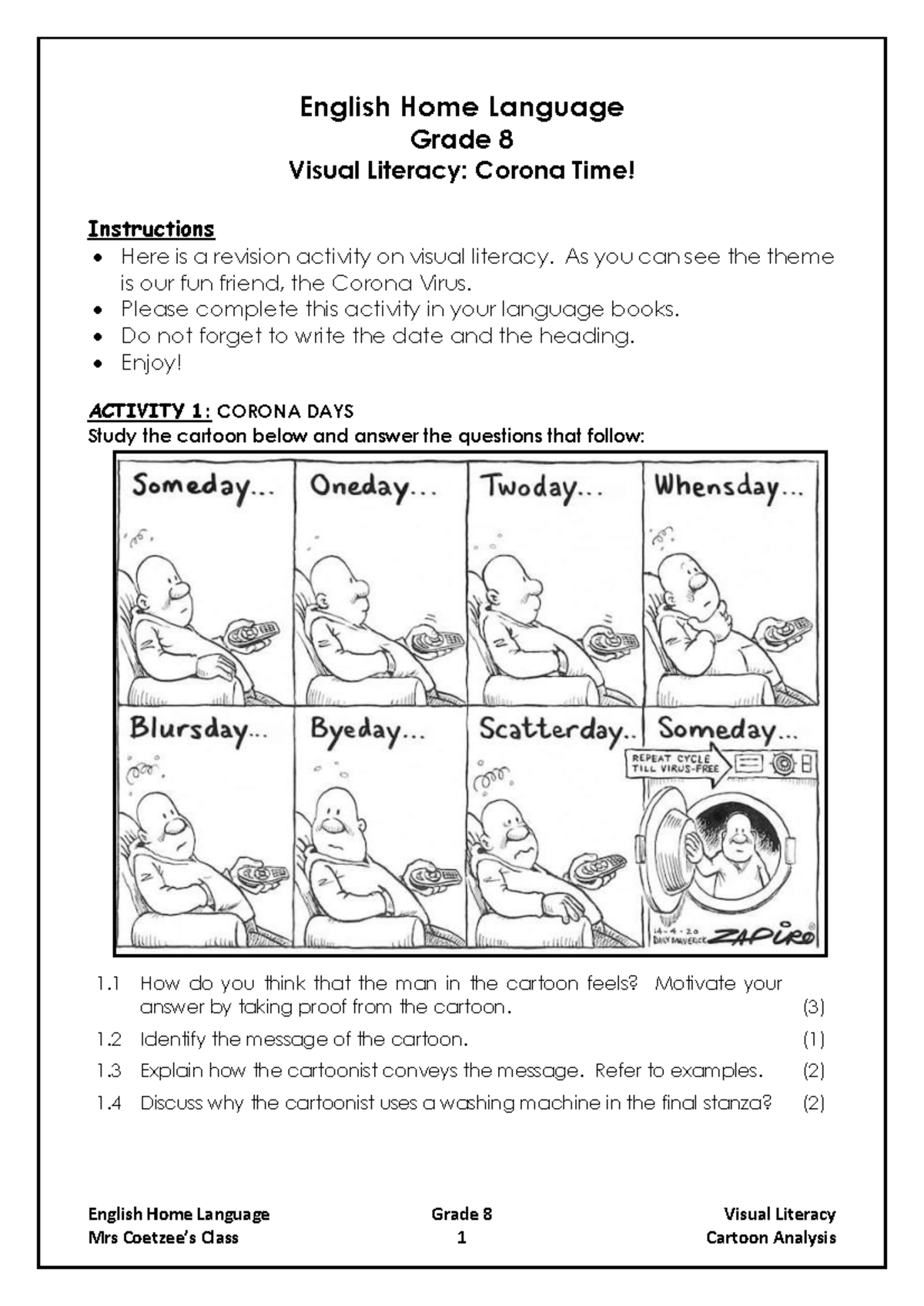English Home Language Grade 8 Visual Literacy: Cartoon Analysis - Studocu