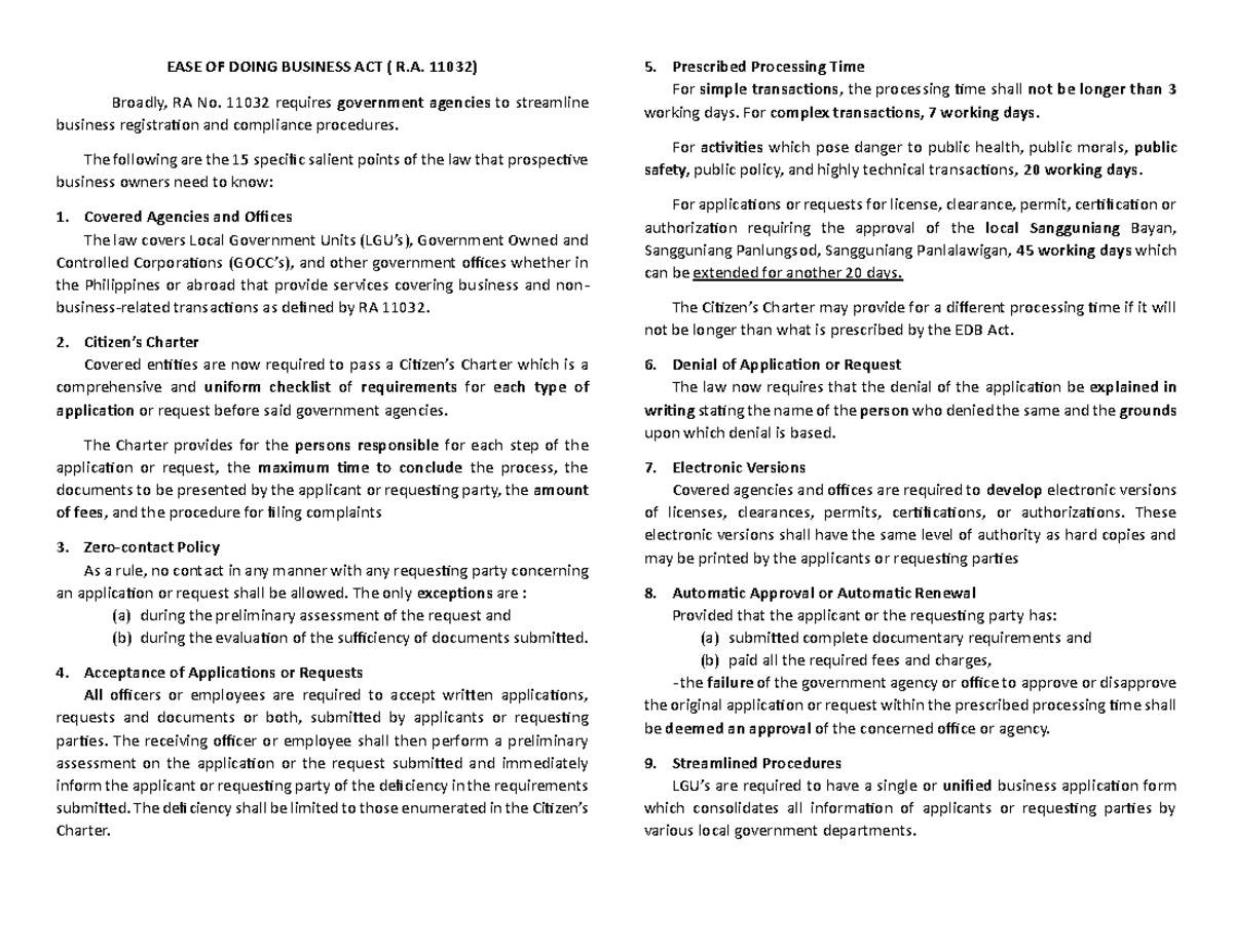 PPT on EASE OF DOING BUSINESS ACT (R.A. 11032) Key Points & Procedures ...