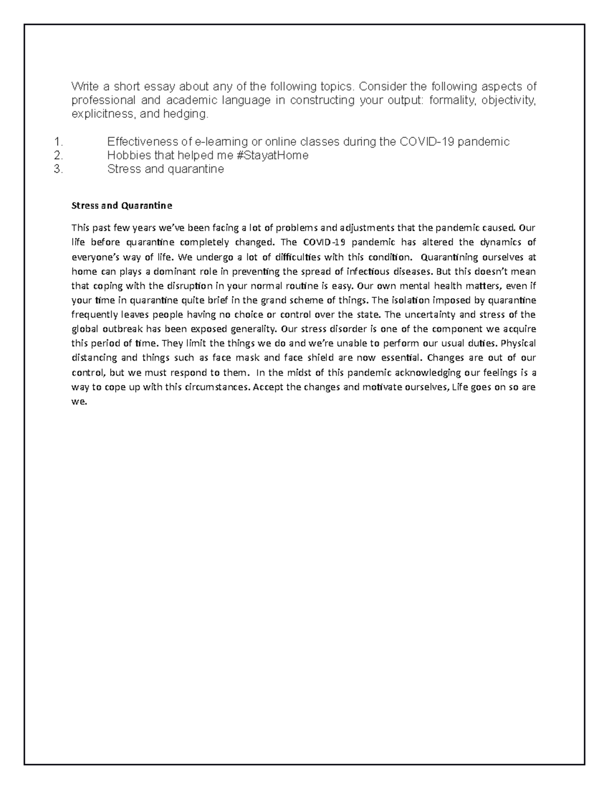 Eaap - Essay on Stress and Quarantine During the COVID-19 Pandemic ...