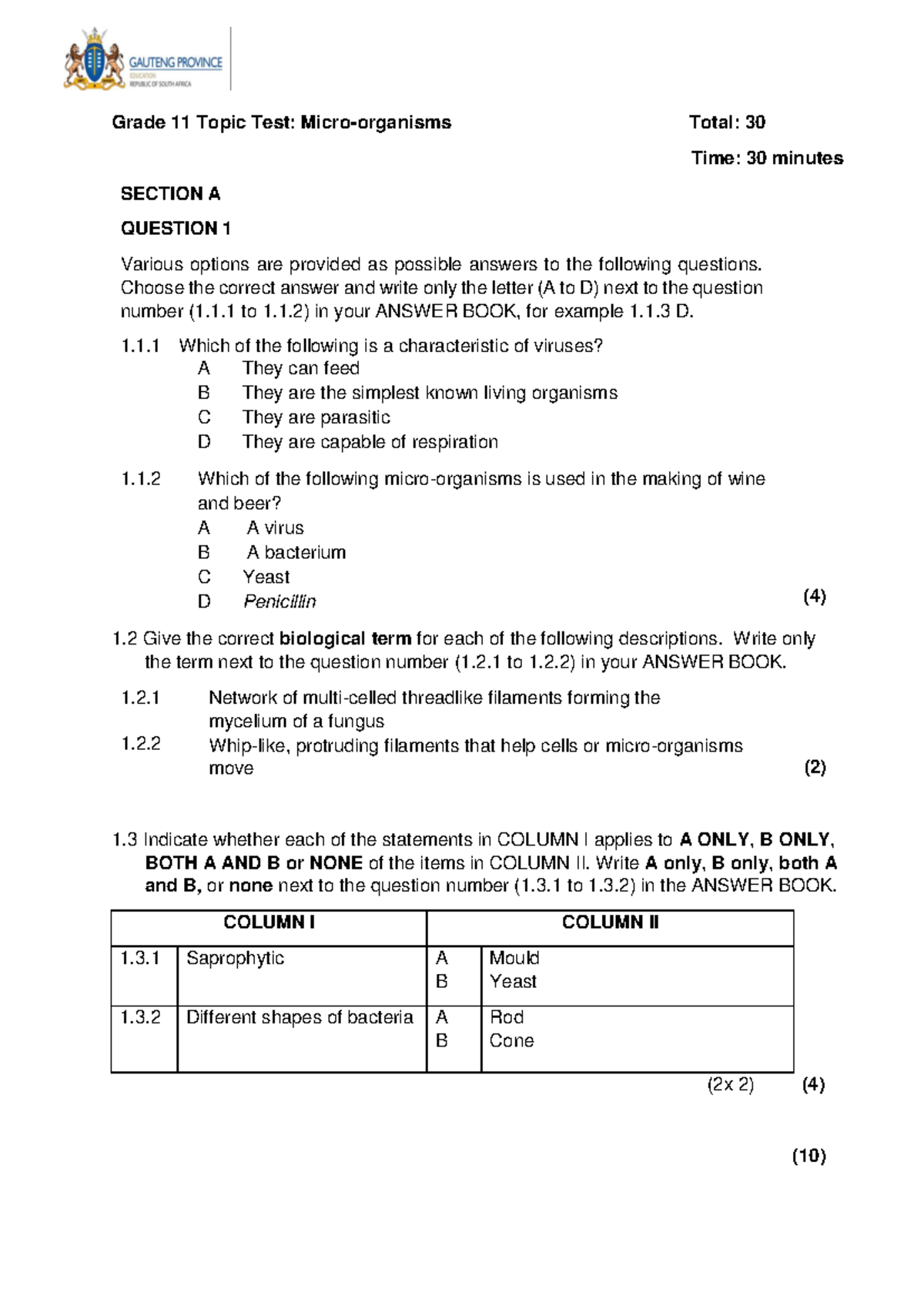 Grade 11 Topic Test: Micro-organisms (Gauteng) - Comprehensive Review ...