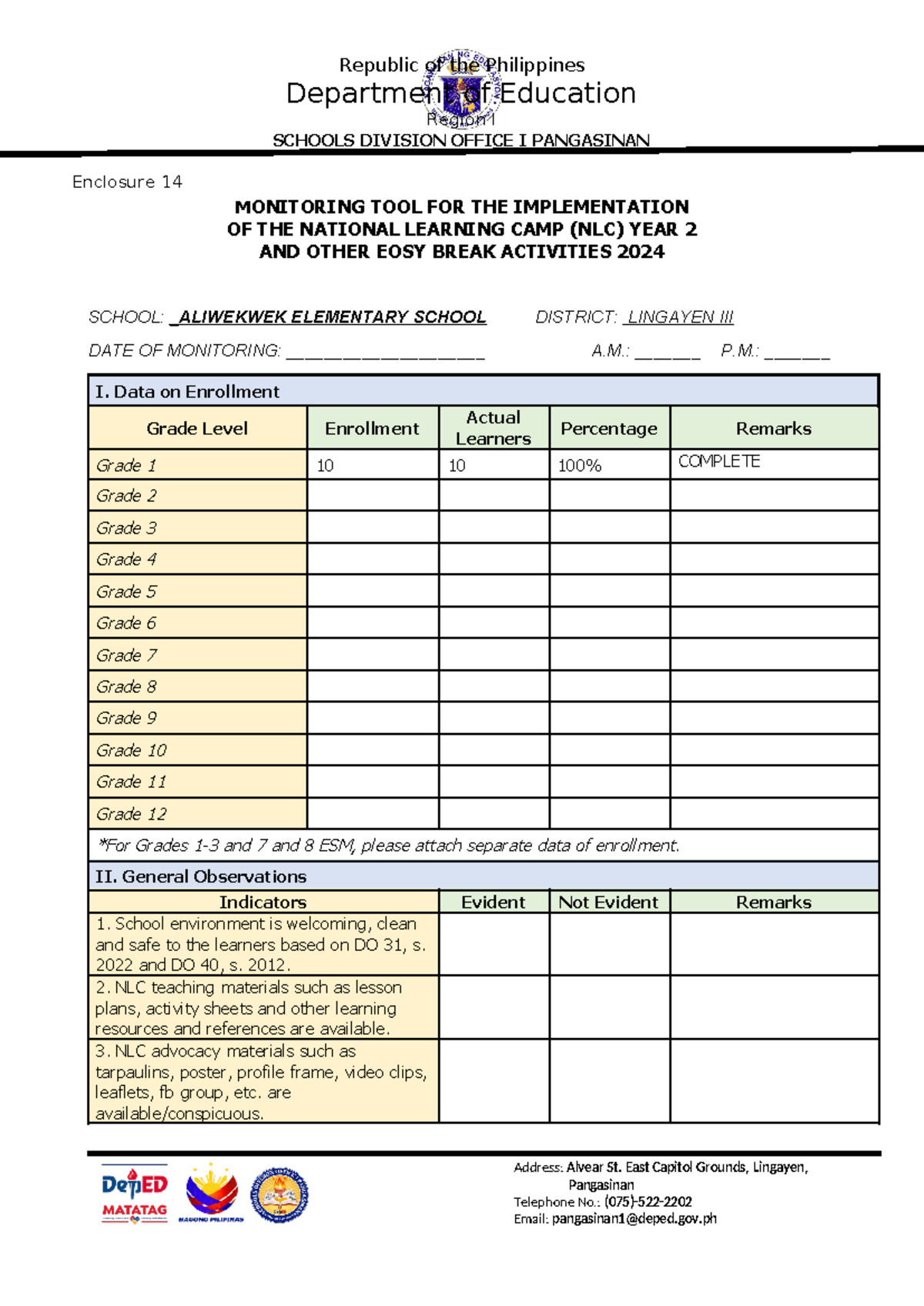 NLC Year 2 Monitoring & Evaluation Tool - SDO-I Pangasinan - Studocu