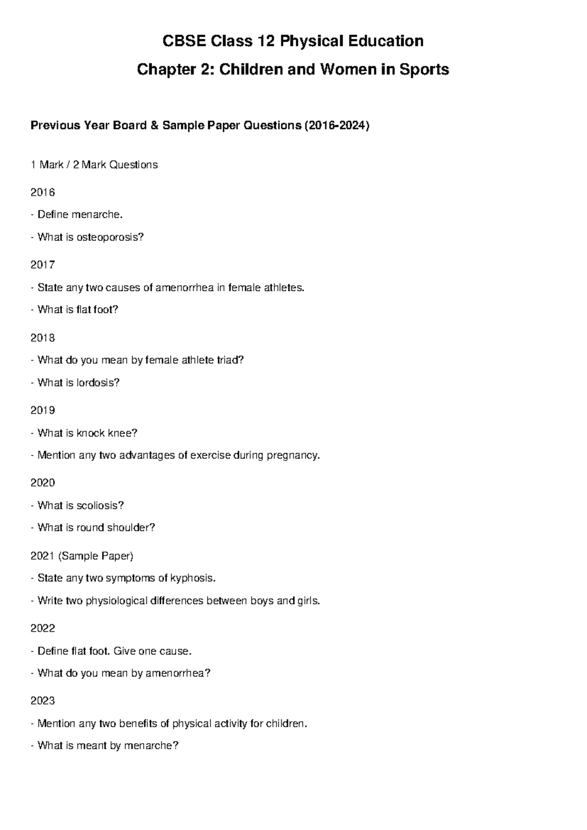 CBSE Class 12 Physical Education Chapter 2: Sports Questions for ...